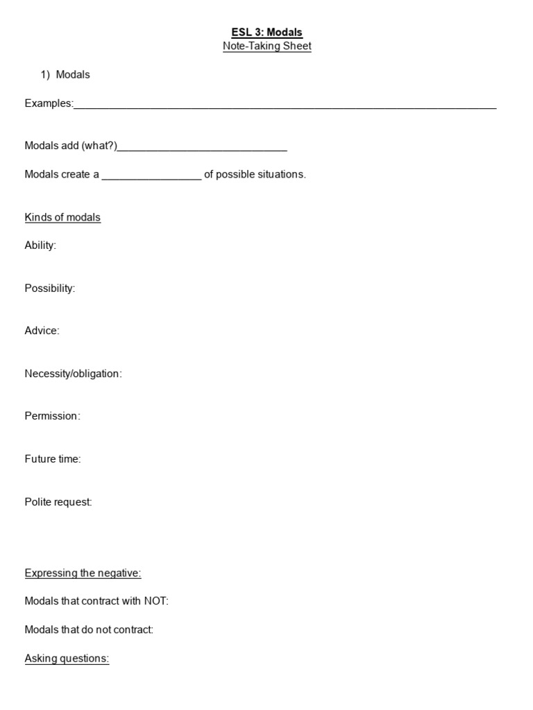 ESL 3_ Modals Note-Taking Sheet | PDF