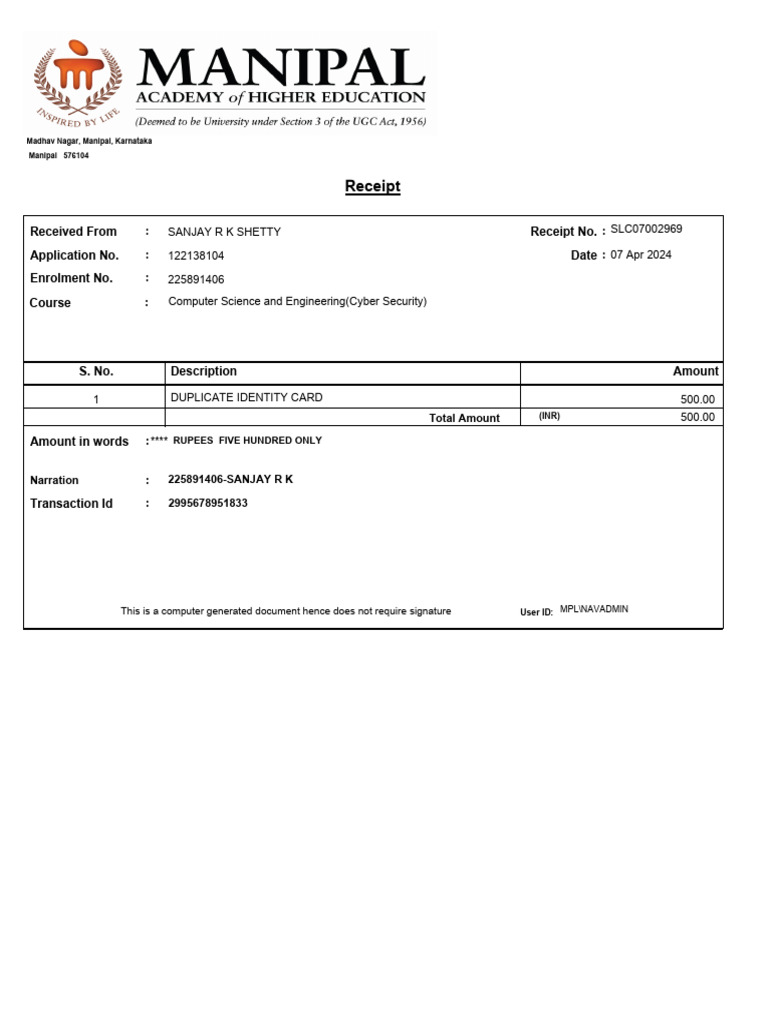 Duplicate ID Card Receipt - Manipal | PDF