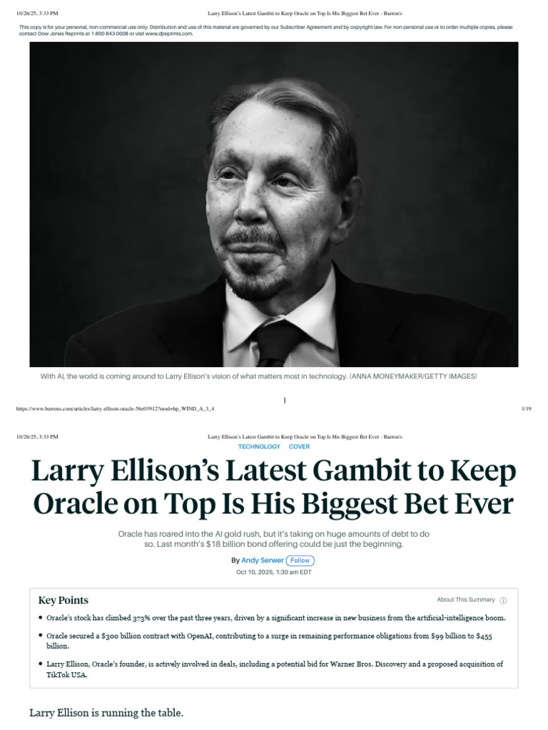 Larry Ellison's Latest Gambit To Keep Oracle On Top Is His Biggest Bet ...