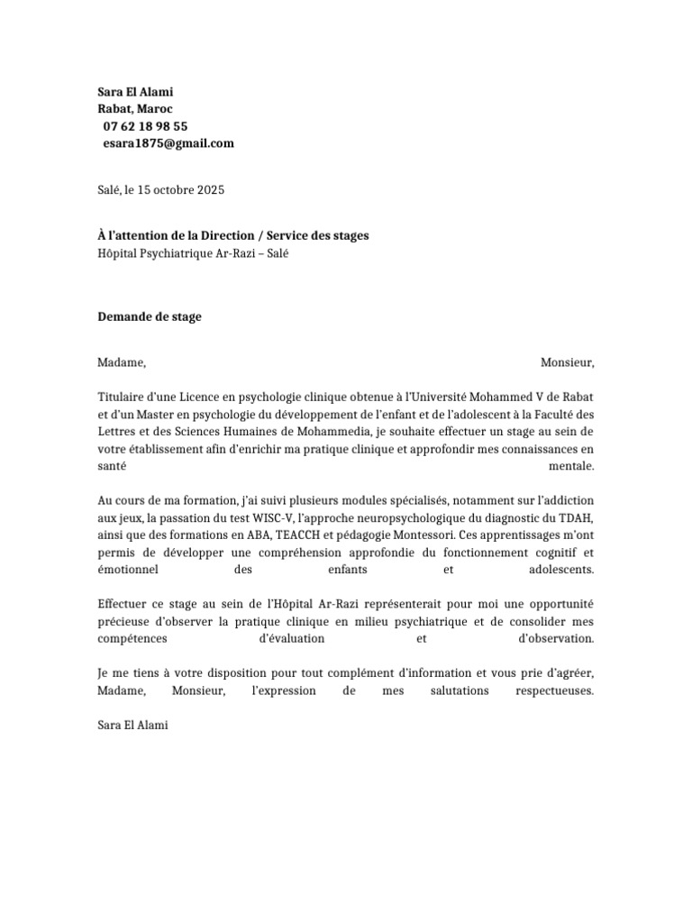 Demande de stage en psychologie clinique | PDF