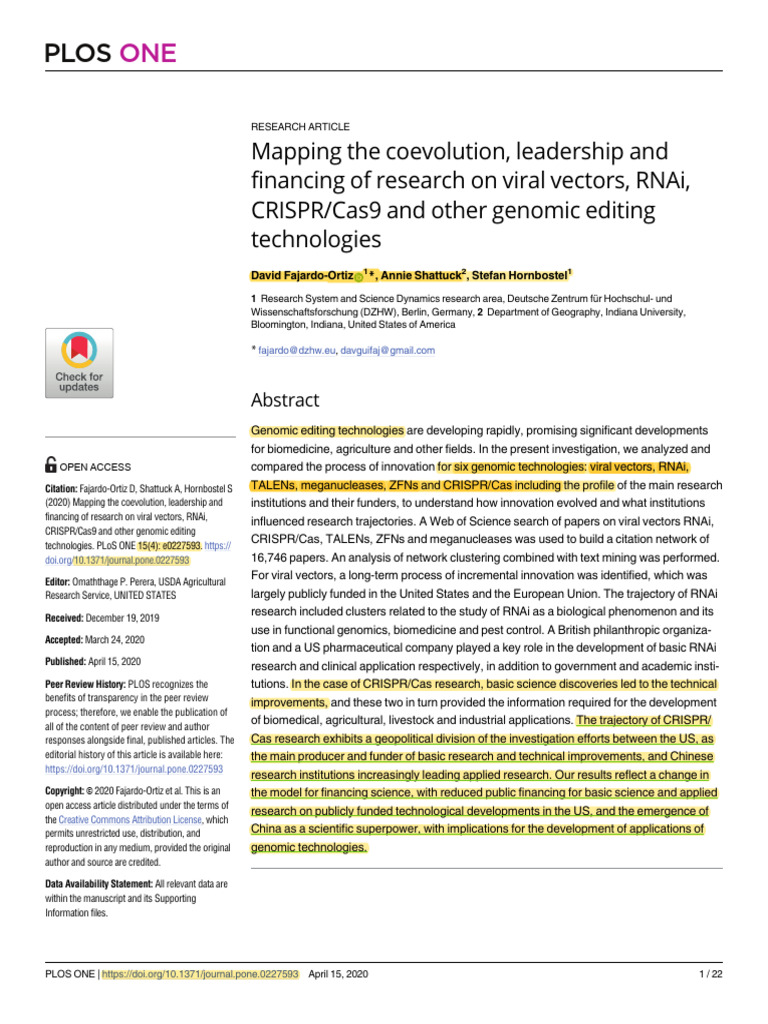 Mapping the coevolution, leadership and financing of research on viral vectors, RNAi, CRISPR ...