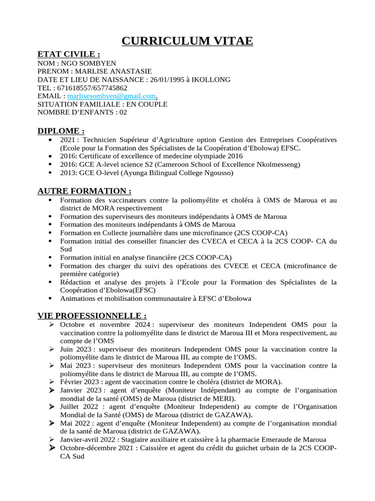 CV de Marlise Anastasie Ngo Sombyen | PDF