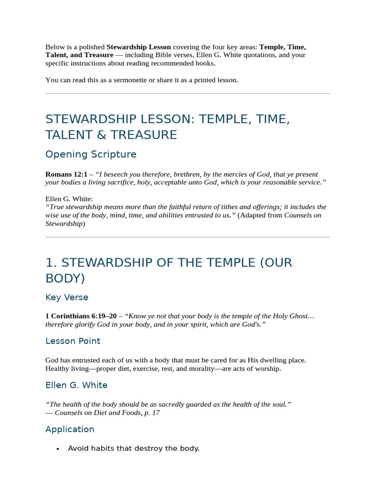 Stewardship Lesson: Temple, Time, Talent, Treasure | PDF | Seventh Day ...
