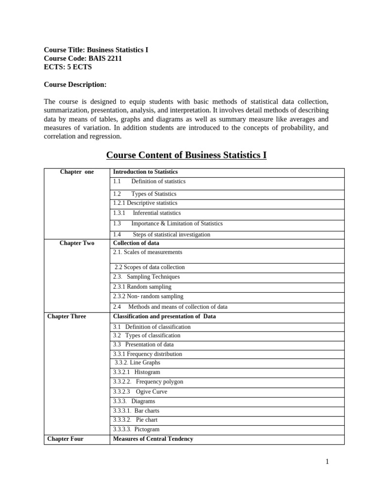 Business Statistics I Course Overview | PDF | Mean | Statistics