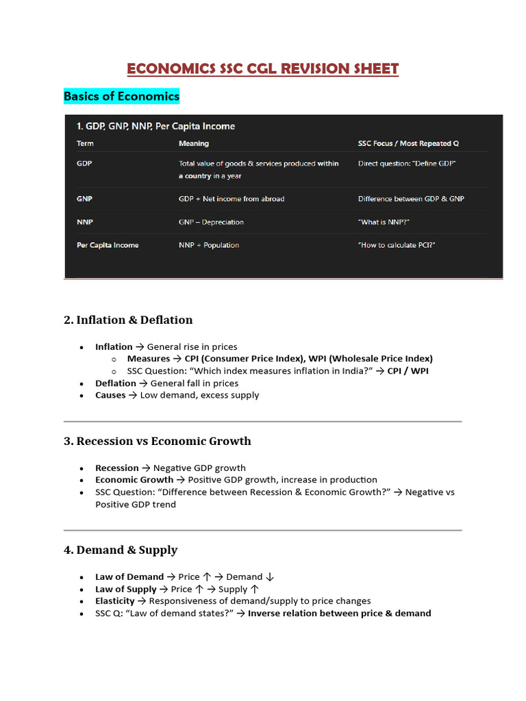 SSC CGL Economics Revision Guide | PDF | Taxes | Inflation