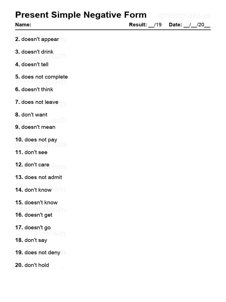 Grammarism Present Simple Negative Test 3 Answers 2260777 | PDF