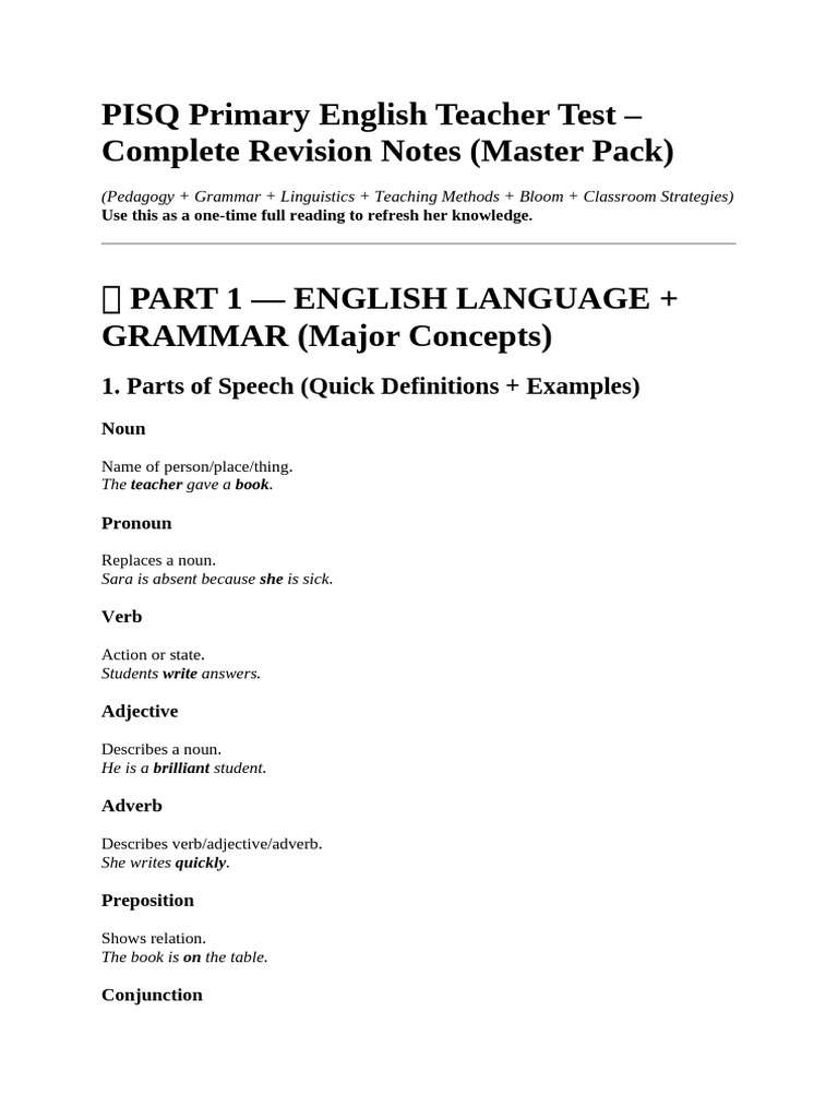 English Teacher Test Revision Notes | PDF | Verb | Grammatical Number
