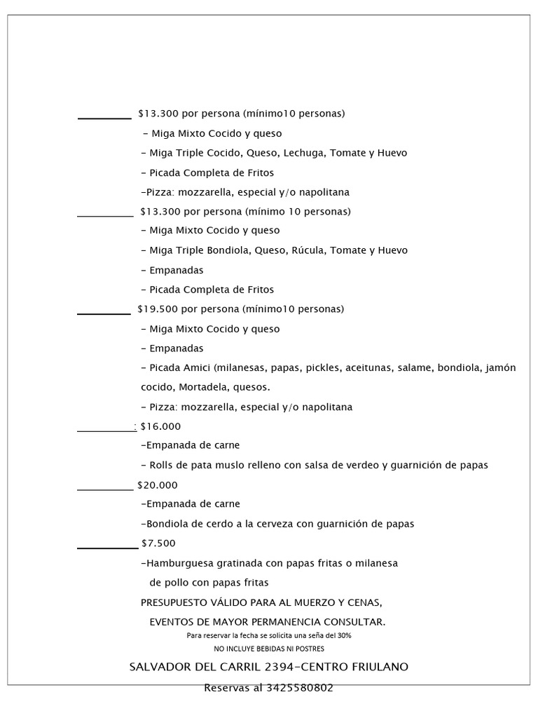 Menús y Precios para Eventos en El Fogolar | PDF