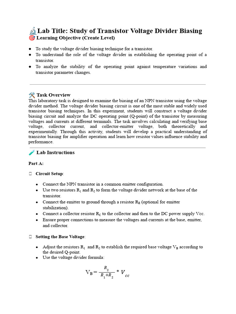 Transistor Voltage Divider Biasing Lab | PDF | Bipolar Junction ...