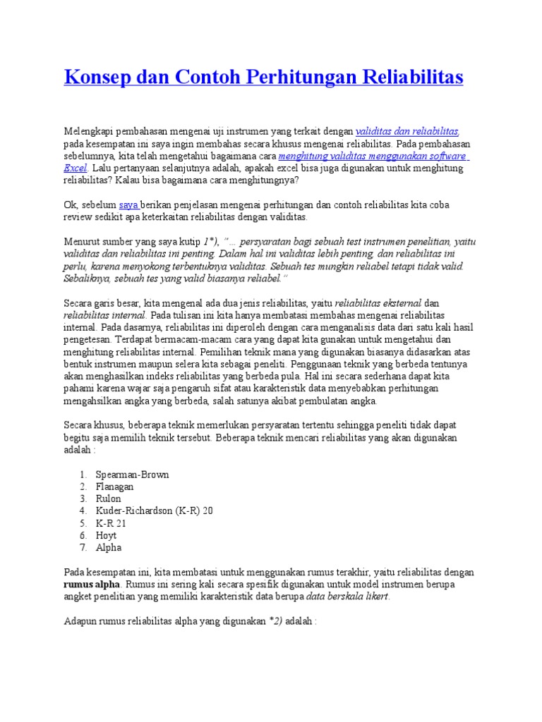 Konsep Dan Contoh Perhitungan Reliabilitas | PDF