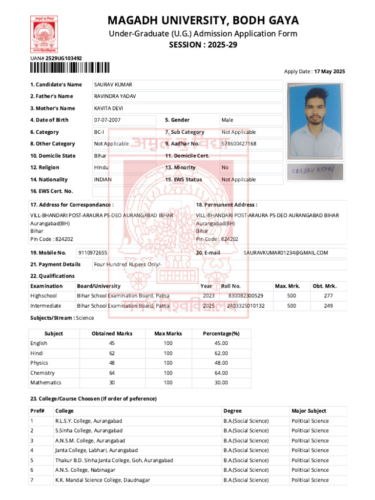 (Admissions 2025-29) Magadh University, Bodh Gaya (1) | PDF