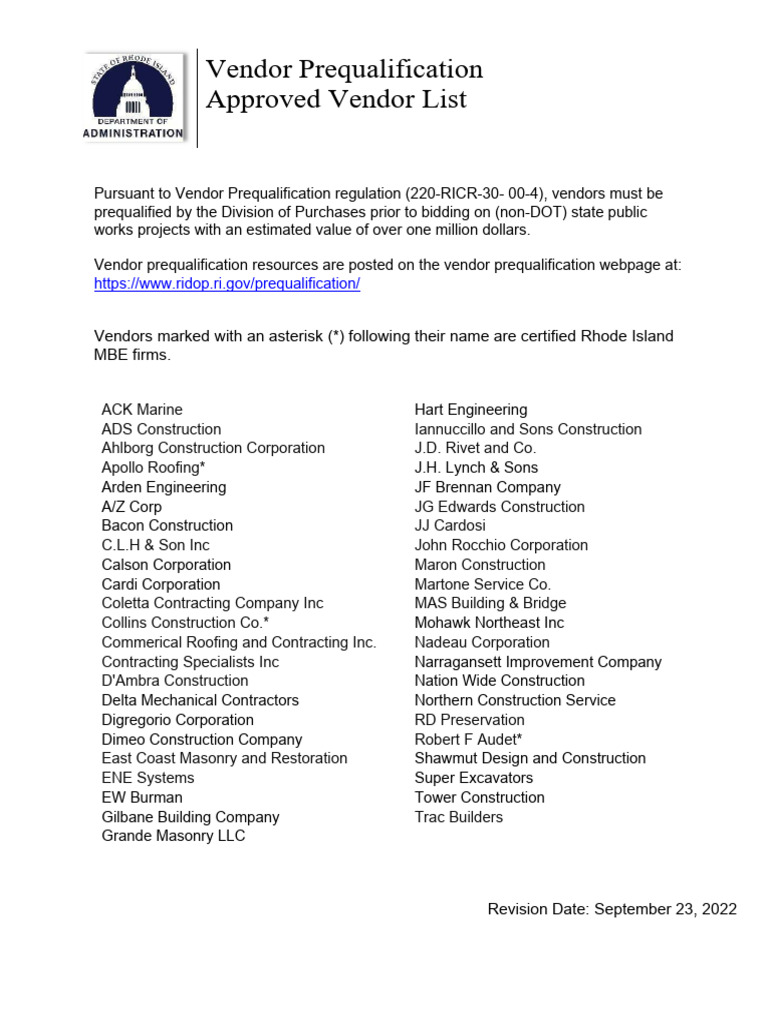 Vendor Prequalification Approved Vendor List06012022 | PDF