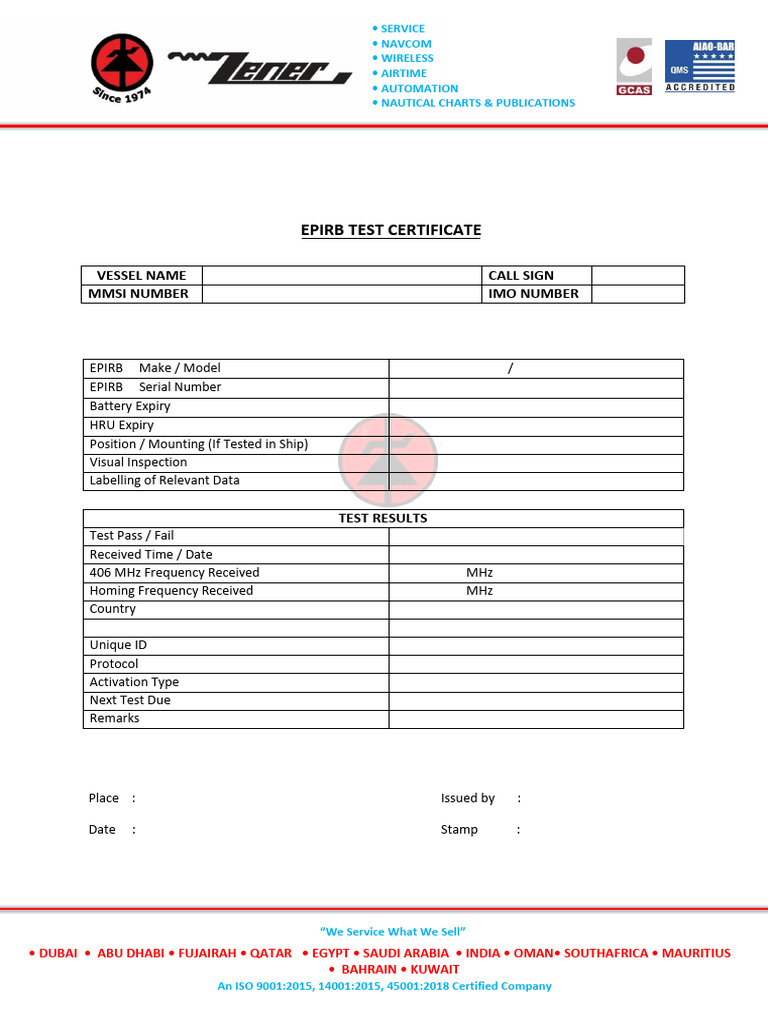 EPIRB TEST CERTIFICATE | PDF | Wireless | Telecommunications