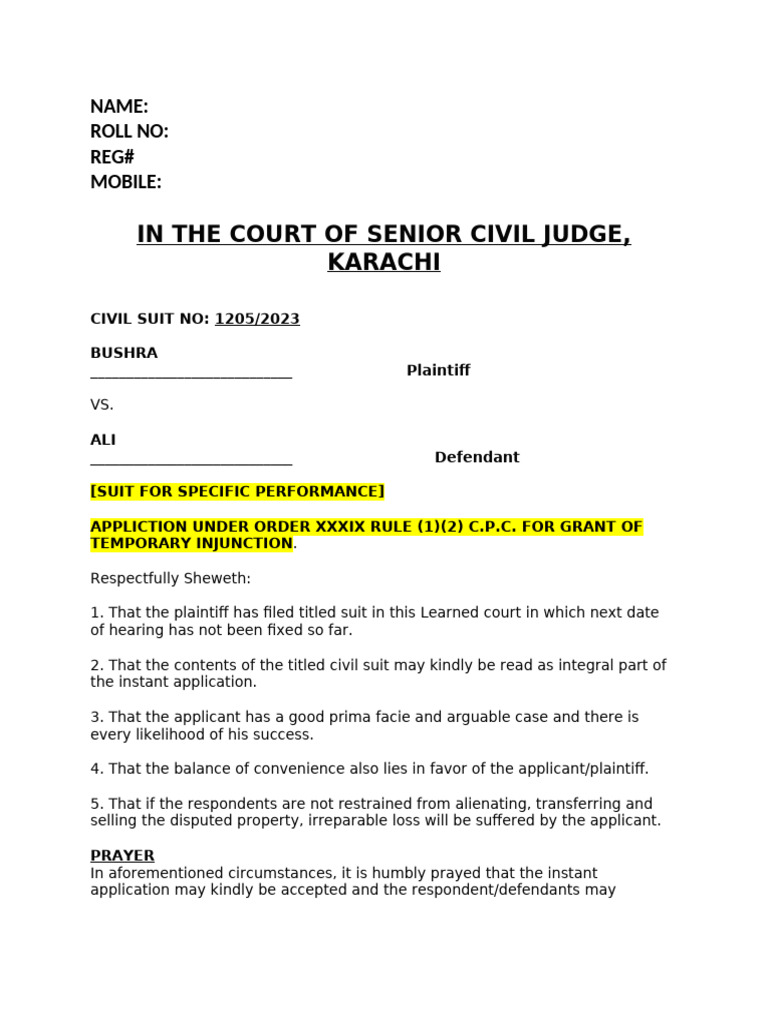 Civil Law Interlocutory Application Draft | PDF