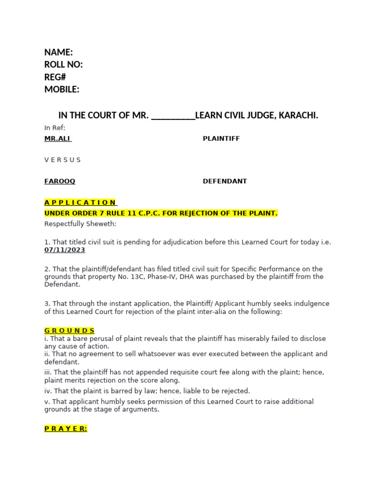 Draft Application Under Order 7, Rule 11 CPC | PDF