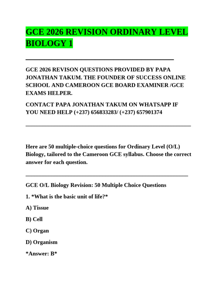 GCE O/L Biology Revision Questions | PDF | Blood | Heart