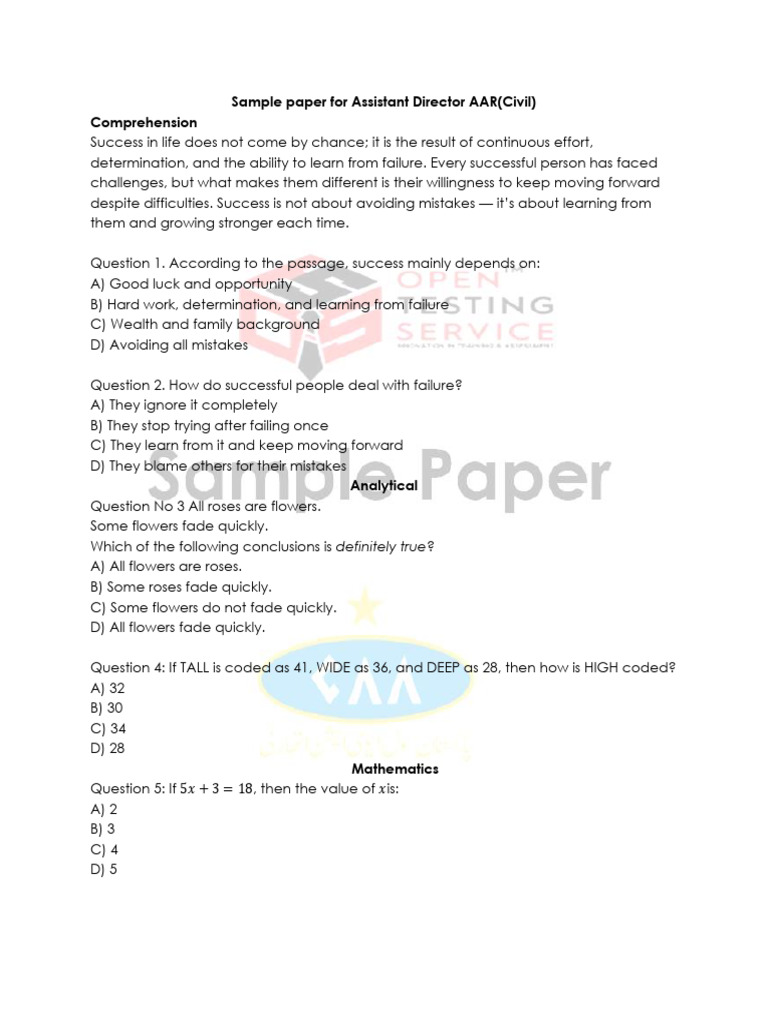 Sample Paper For Assistant Director AAR (Civil) Comprehension | PDF