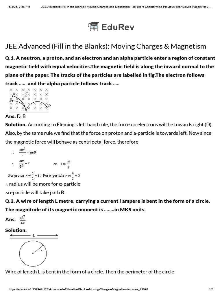 JEE Advanced (Fill in the Blanks)_ Moving Charges and Magnetism - 35 ...