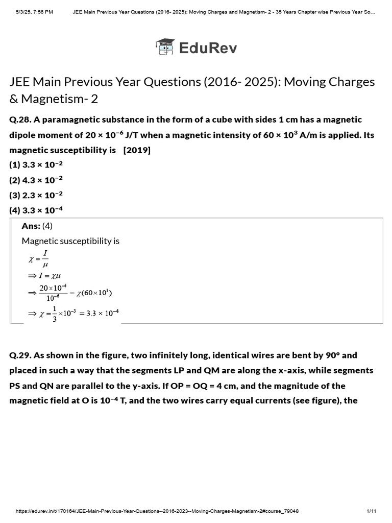 JEE Main Previous Year Questions (2016- 2025)_ Moving Charges and Magnetism- 2 - 35 Years ...