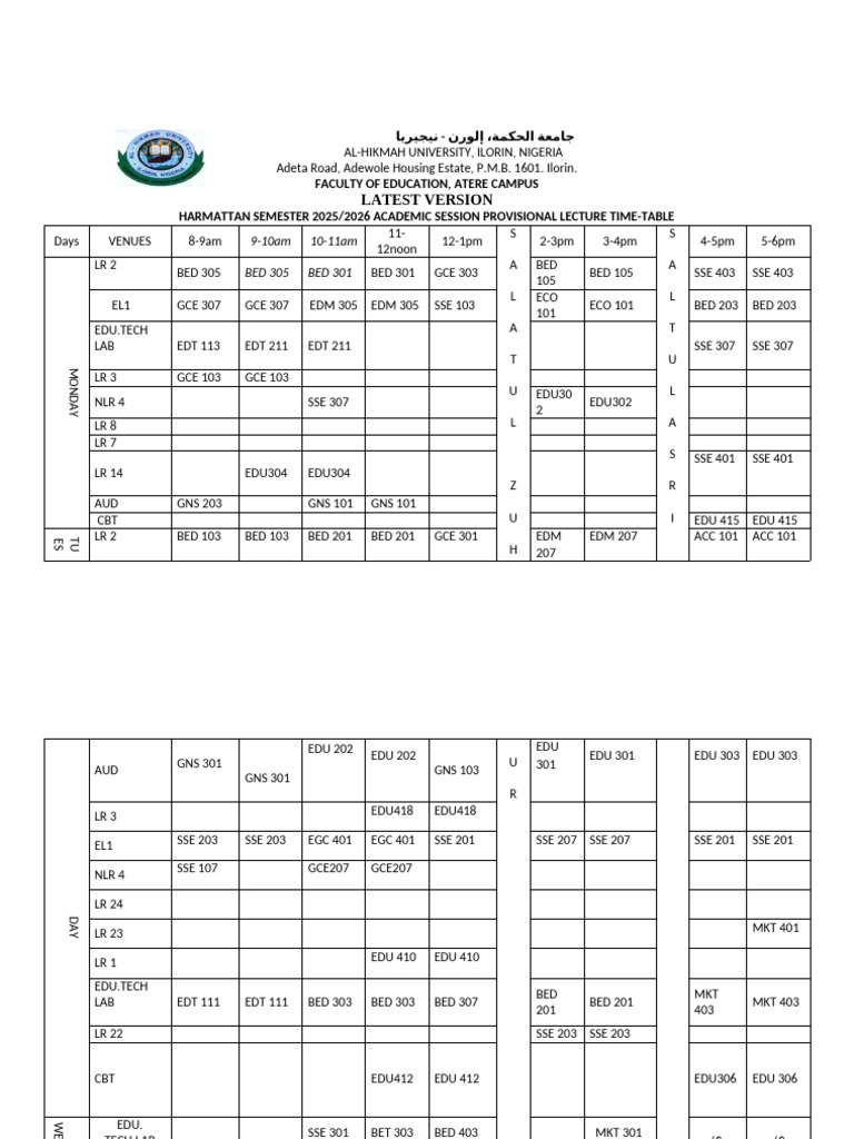 Harmattan 2025/2026 Lecture Timetable | PDF
