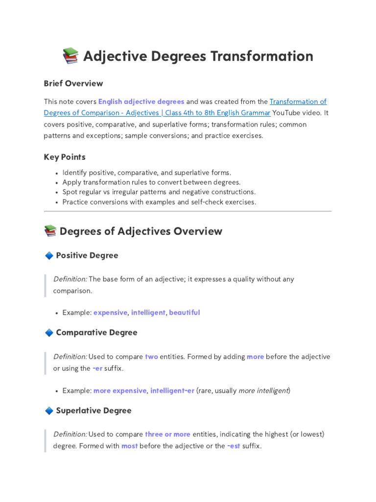 Adjective Degrees and Transformations Guide | PDF | Adjective | Syntax