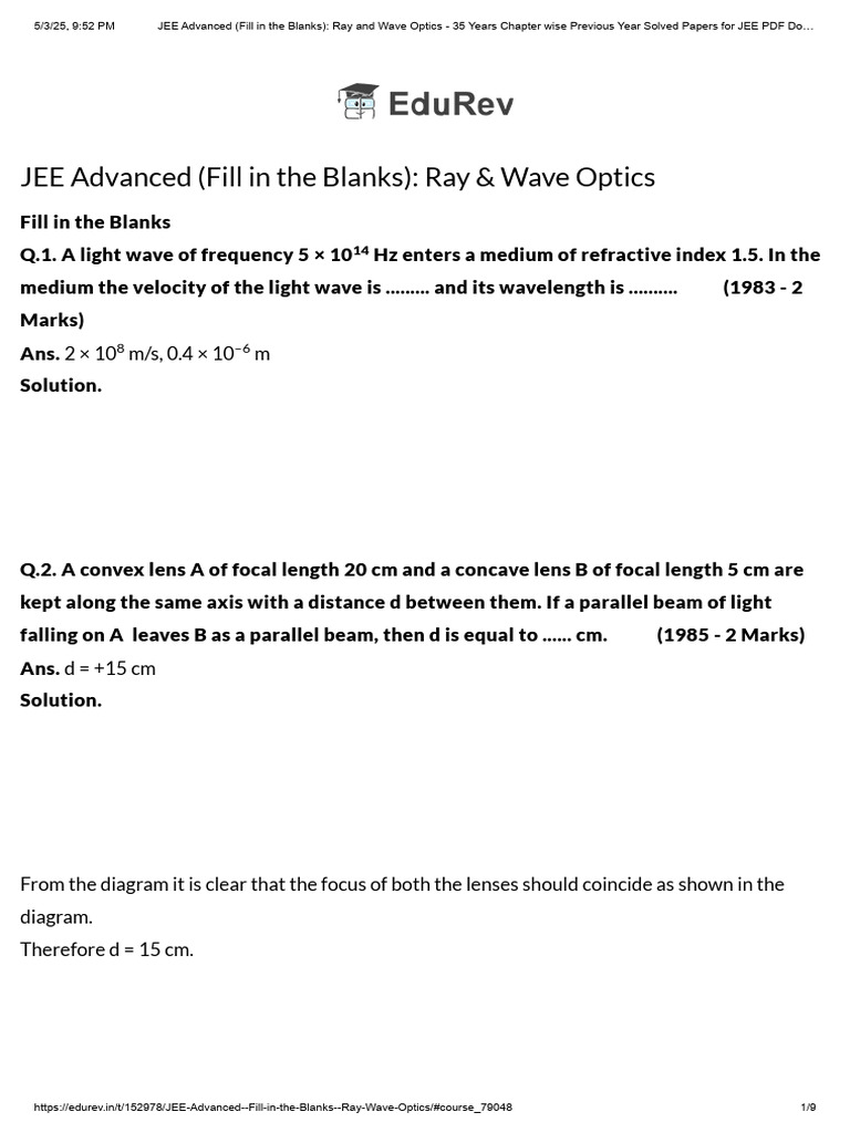 JEE Advanced Ray & Wave Optics Q&A | PDF | Wavelength | Optics