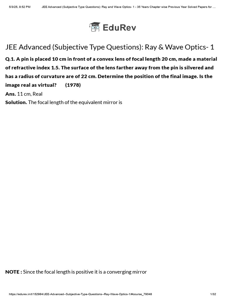 JEE Advanced Ray & Wave Optics Solutions | PDF | Optics | Electromagnetic Radiation