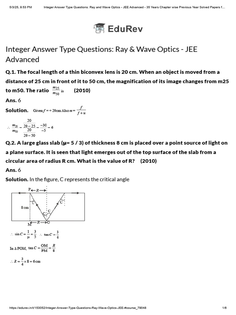 Integer Answer Type Questions_ Ray and Wave Optics - JEE Advanced - 35 Years Chapter Wise ...