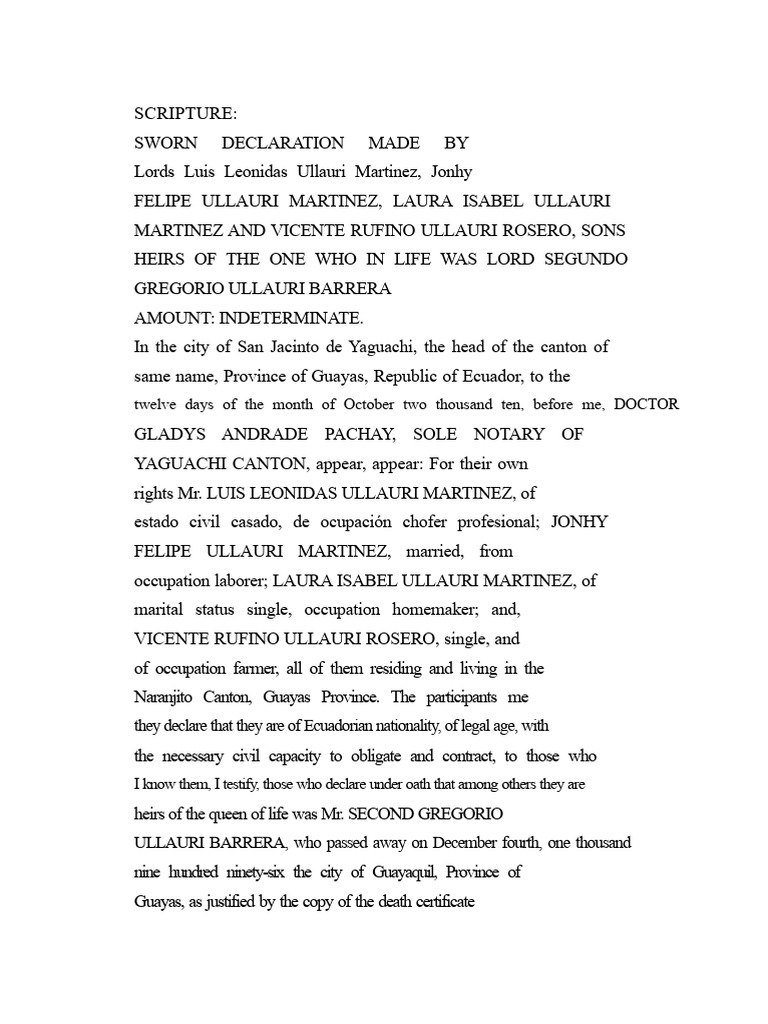 Sworn Declaration of Heirs | PDF | Ecuador | Civil Law (Common Law)