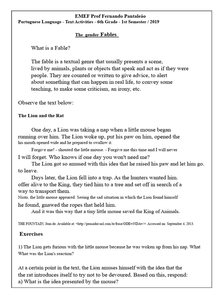 6th Grade Fables Activities Guide | PDF | Fable
