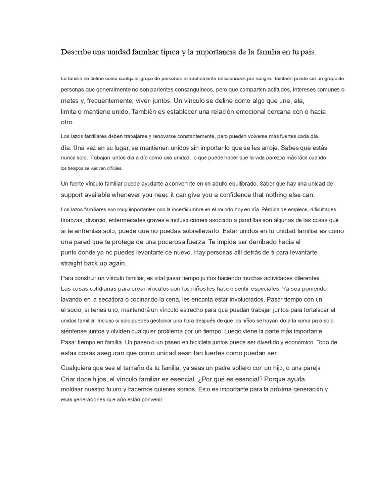 Describe Una Unidad Familiar Típica y La Importancia de La Familia en ...