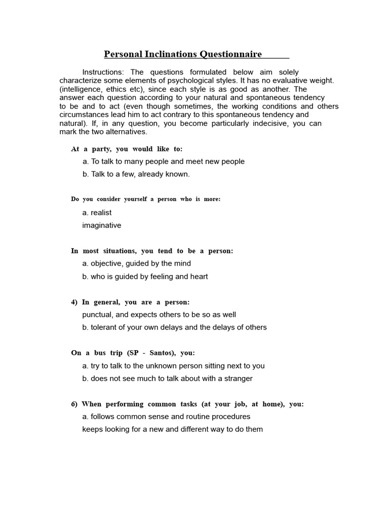 Personal Inclinations Questionnaire Guide | PDF | Extraversion And ...