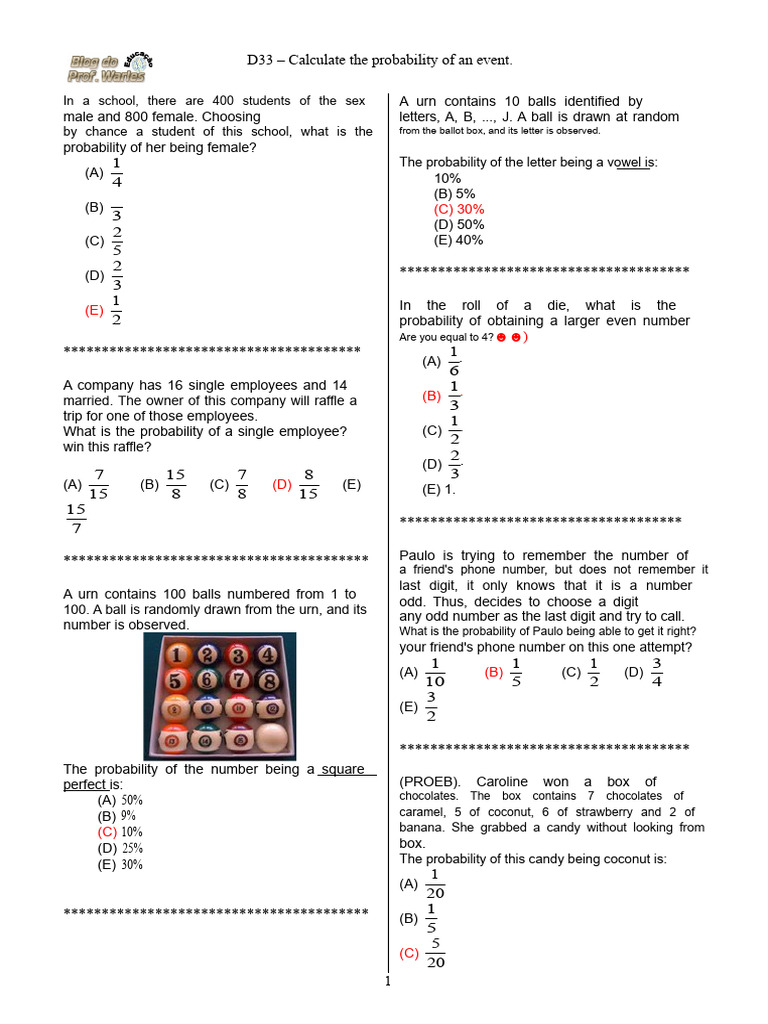 D33 – Calculate the Probability of an Event. | PDF | Probability ...