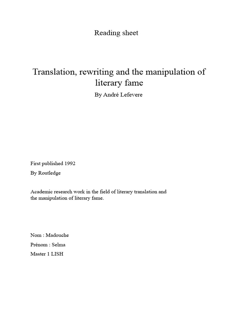 reading report on the book by André Lefevre - translation, rewriting ...