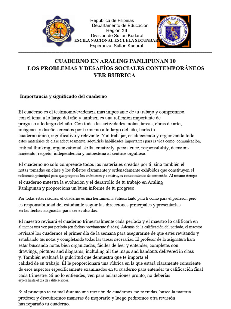 Rúbrica para Revisar El Cuaderno | PDF | Cuaderno | Cognición