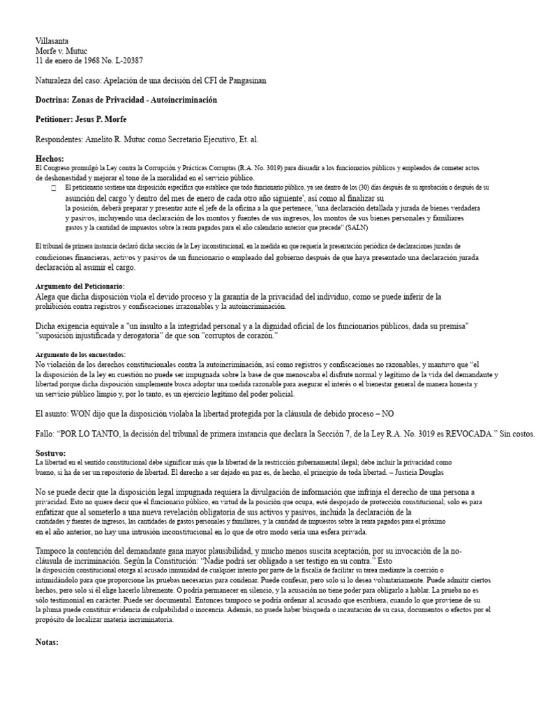 128 Morfe v. Mutuc - Digest | PDF | Privacidad | Libertad