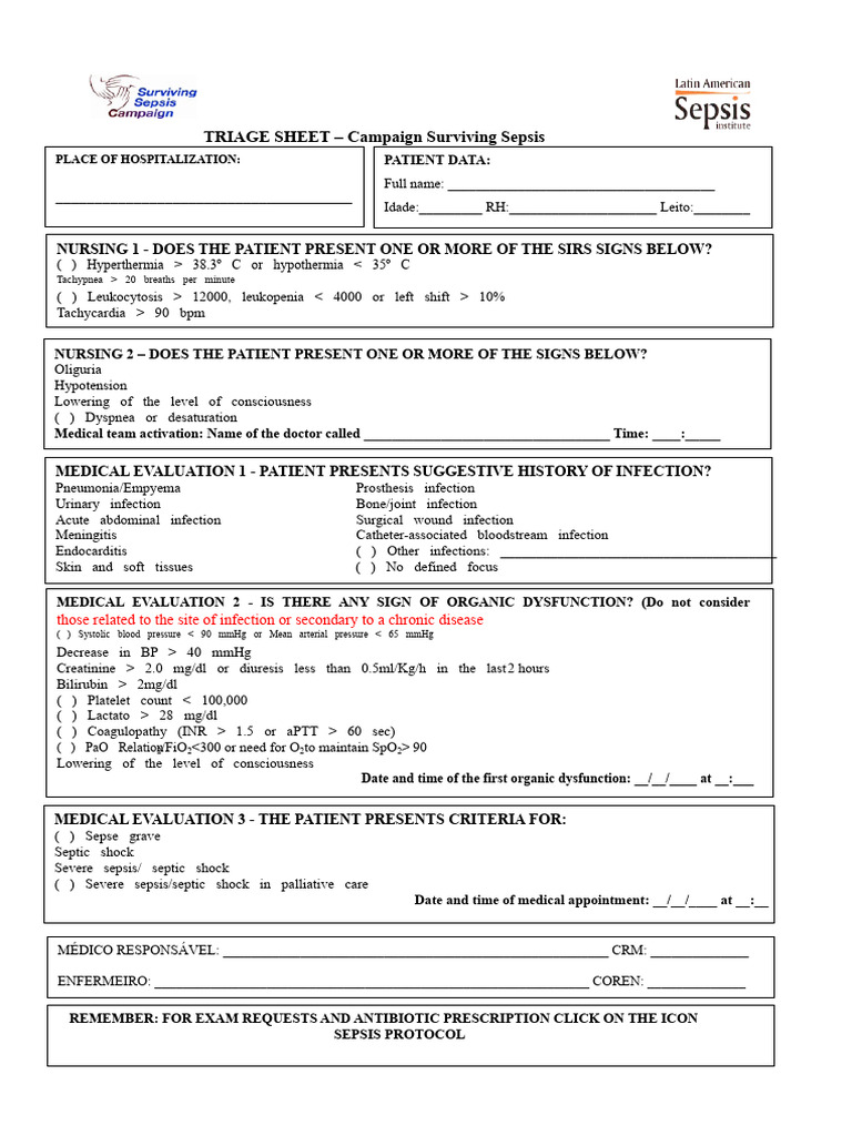 Triage Sheet for Sepsis Management | PDF | Sepsis | Shock (Circulatory)