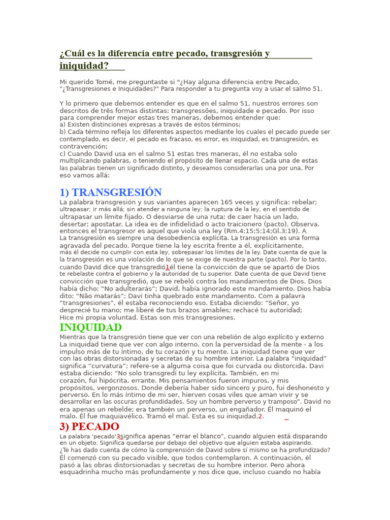 Diferencias entre pecado, transgresión e iniquidad | PDF | Pecado ...