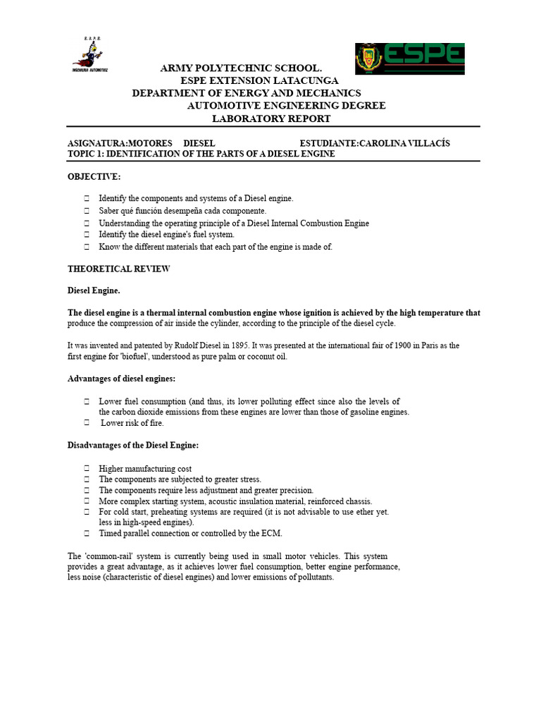 Diesel Engine Parts Identification Report | PDF | Internal Combustion ...
