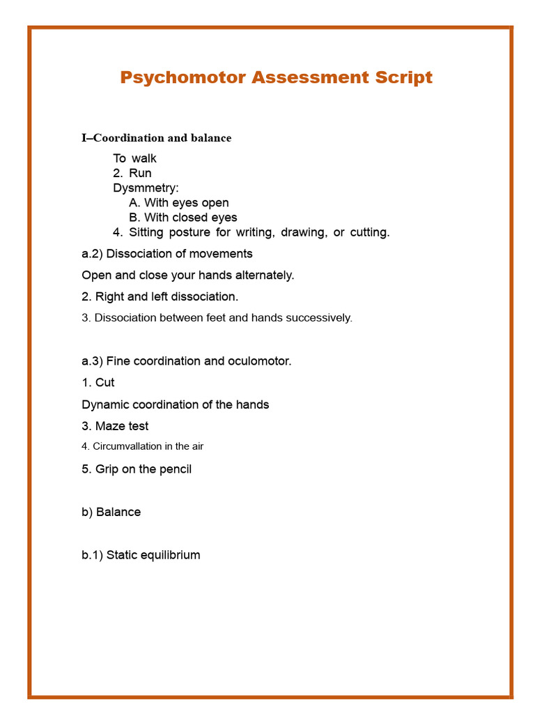 Psychomotor Assessment Script | PDF | Hand | Neuroscience