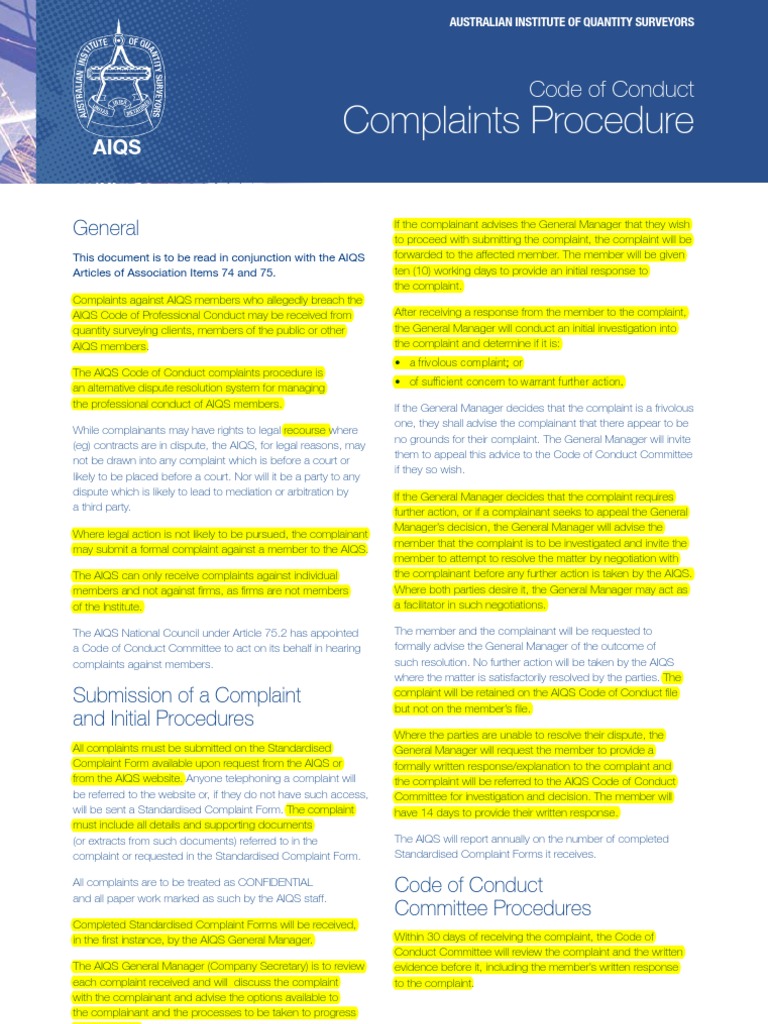 AIQS Code Conduct Complaints Procedures | PDF | Complaint | Common Law