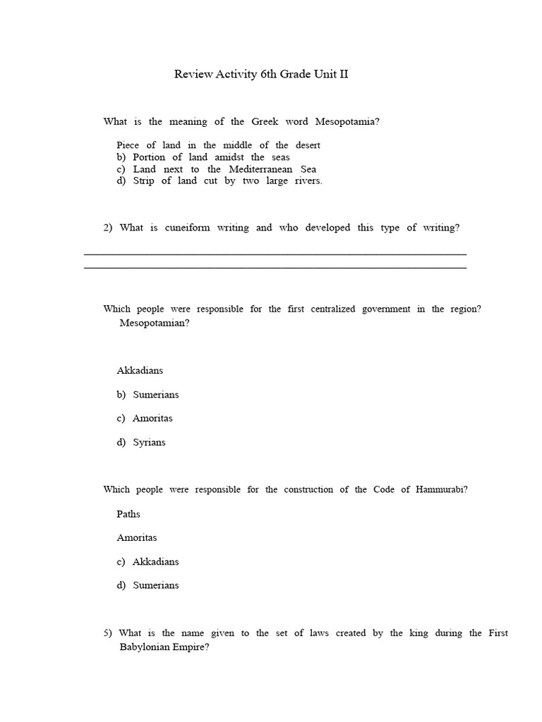 Review Activity 6th Grade I Unit | PDF | Mesopotamia | Babylon