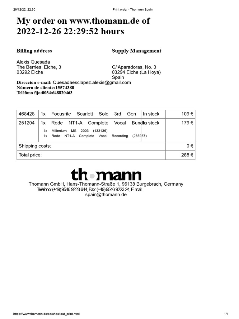 Print Order - Thomann Spain - Lozano Order | PDF