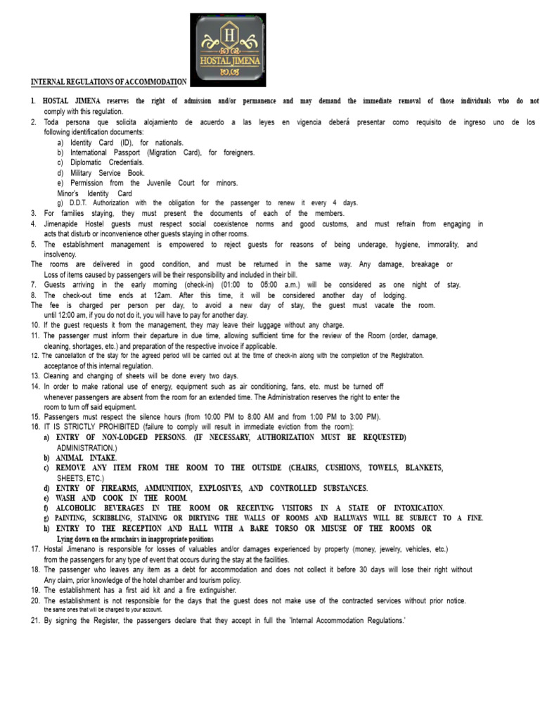 Hostal Jimena Accommodation Rules | PDF | Identity Document