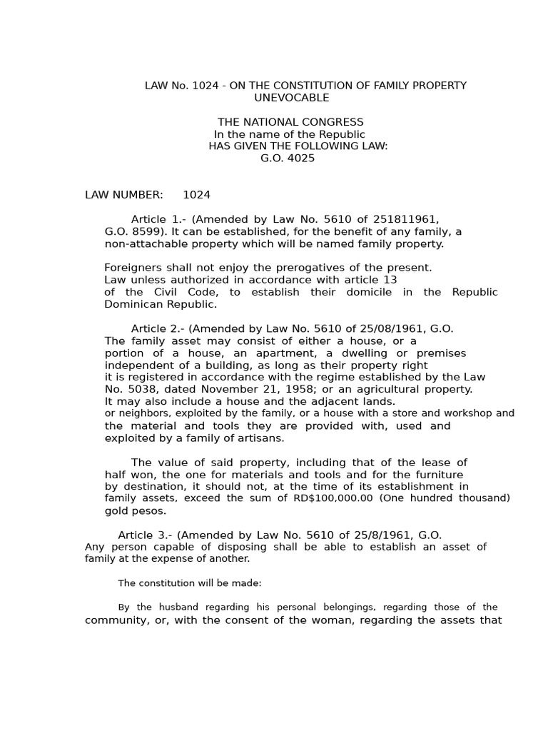 Law No. 1024 on the Constitution of Non-attachable Family Property ...