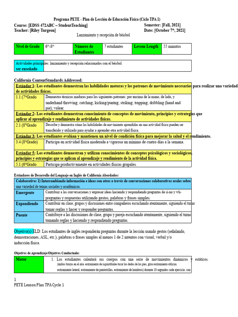 Plan de Lección Del Ciclo 1 de TPA - Lanzar y Atrapar | PDF | Pelota ...