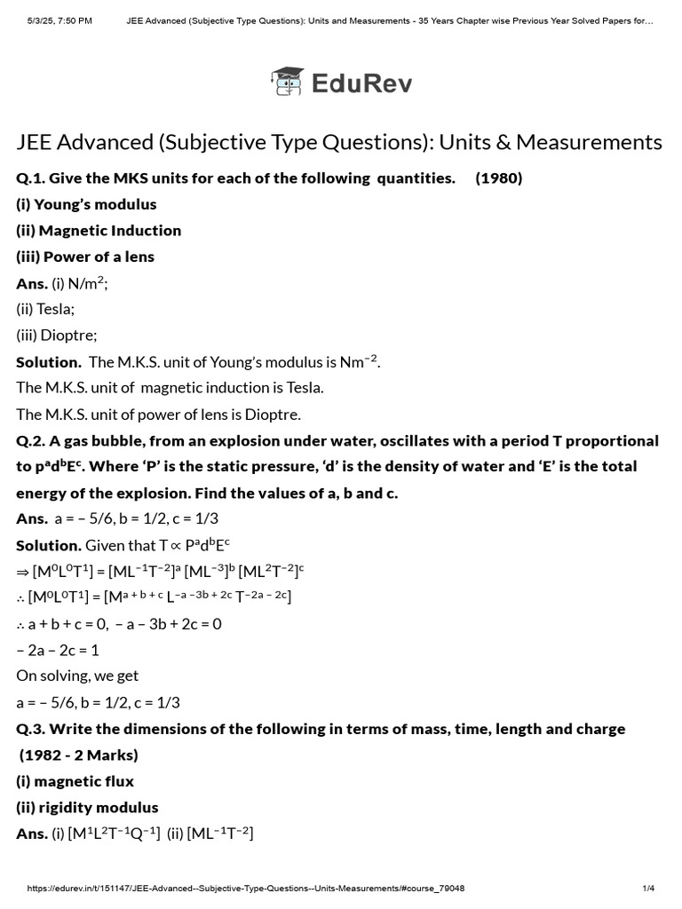 JEE Advanced (Subjective Type Questions)_ Units and Measurements - 35 ...