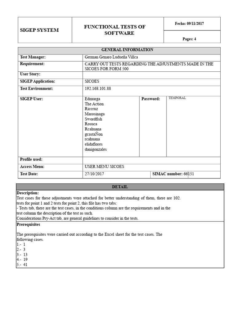 Functional Tests Form Sicoes | PDF | Microsoft Excel | Computing
