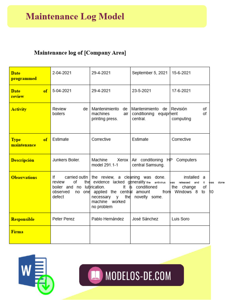 Maintenance Log Template for Equipment | PDF
