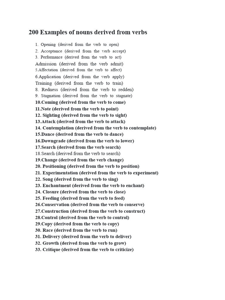 Nouns Derived from Verbs: 200 Examples | PDF